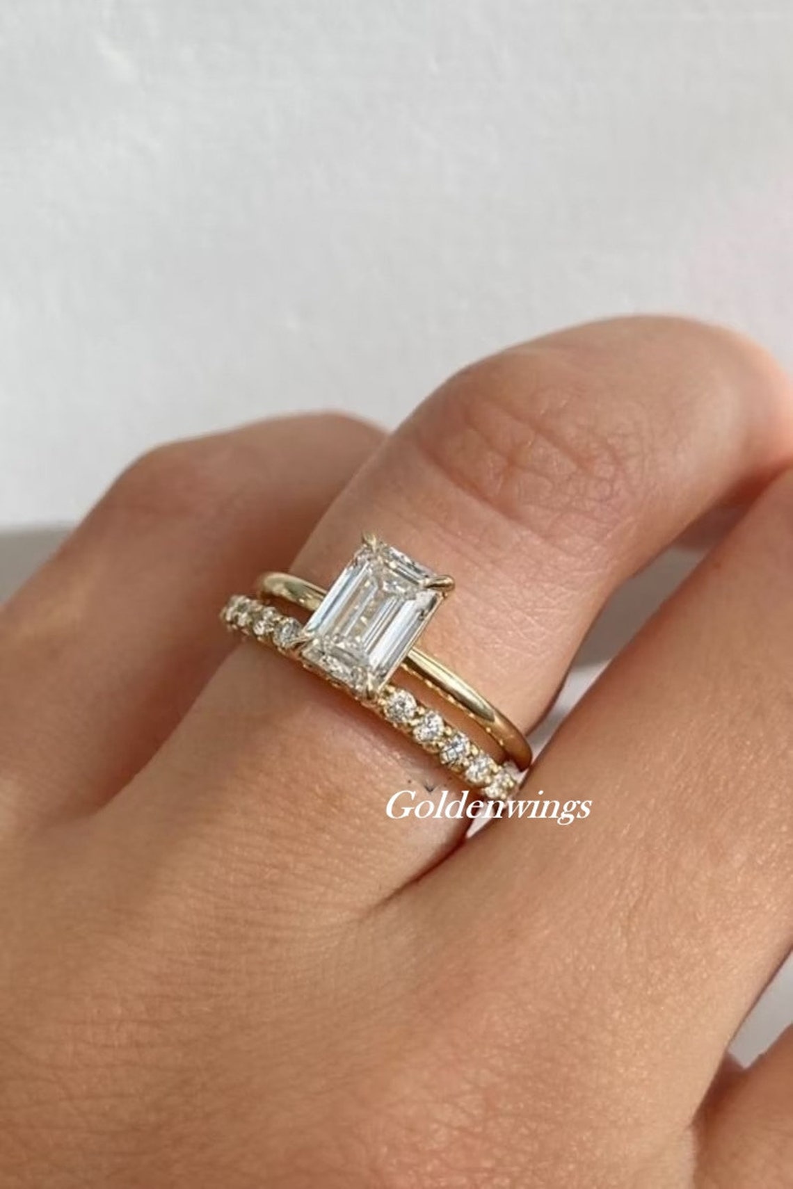 Emerald Cut Moissanite Engagement Ring Set Solid 14k Solid Gold Half ...
