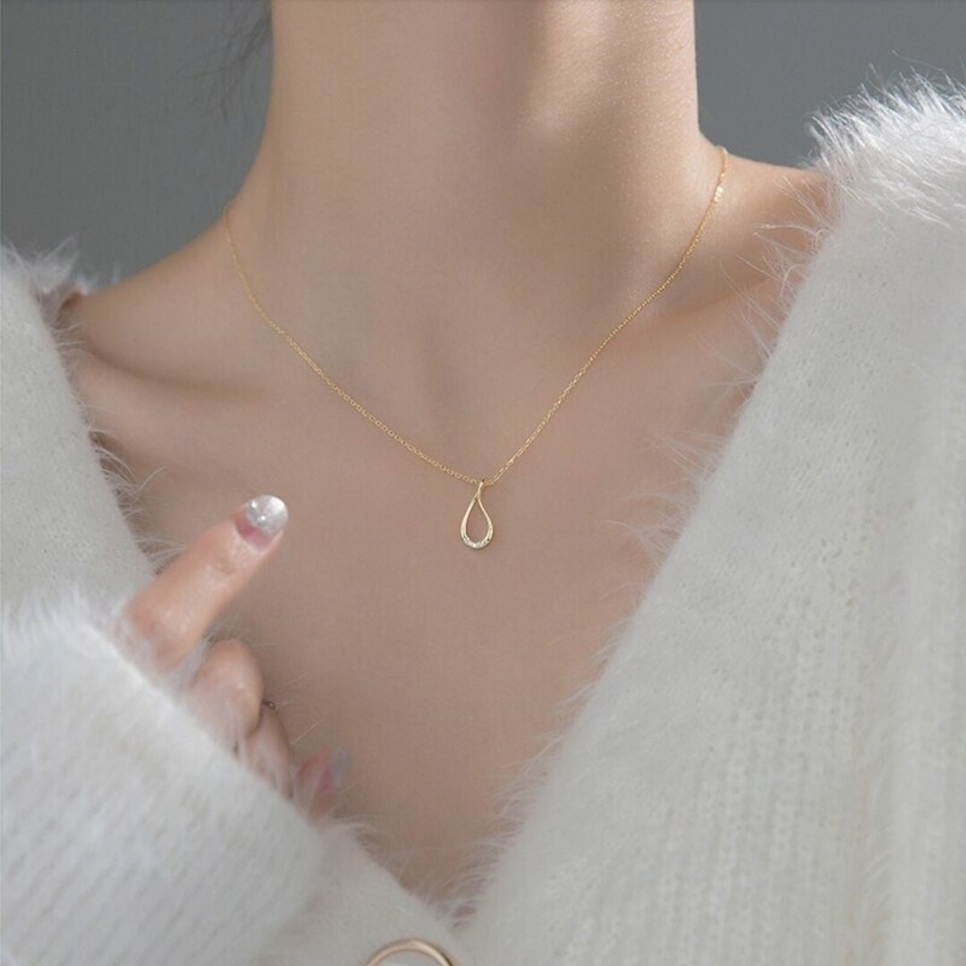 Gold Water Drop Necklace, Sweet Collar Shiny Zircon Hollow 925 Sterling ...