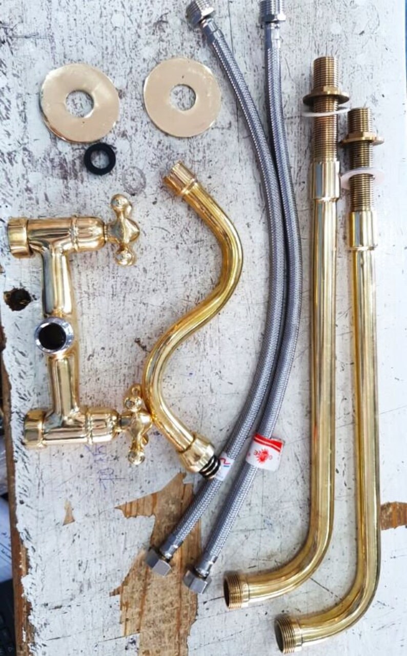 Kitchen Mixer Tap in Gilded Brass, With Double Cross and Copper Bridge ...