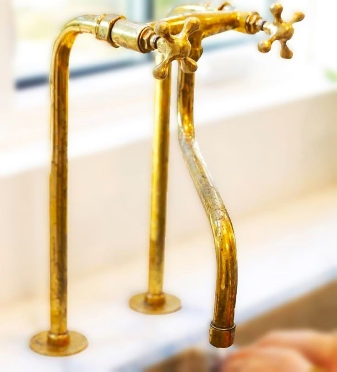Kitchen Mixer Tap in Gilded Brass, With Double Cross and Copper Bridge ...