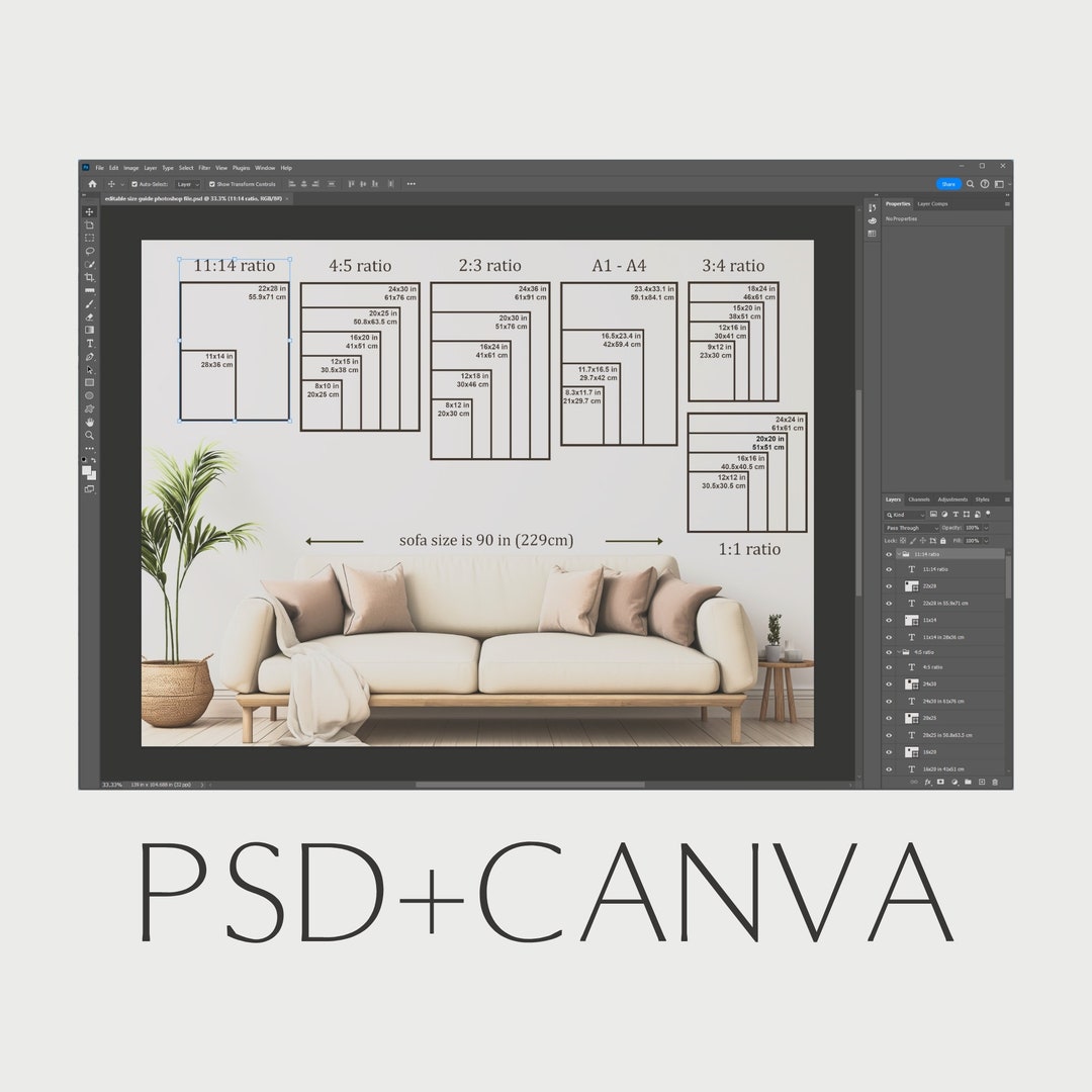 Editable Wall Art Size Guide Template for Photoshop and Canva Add Any ...