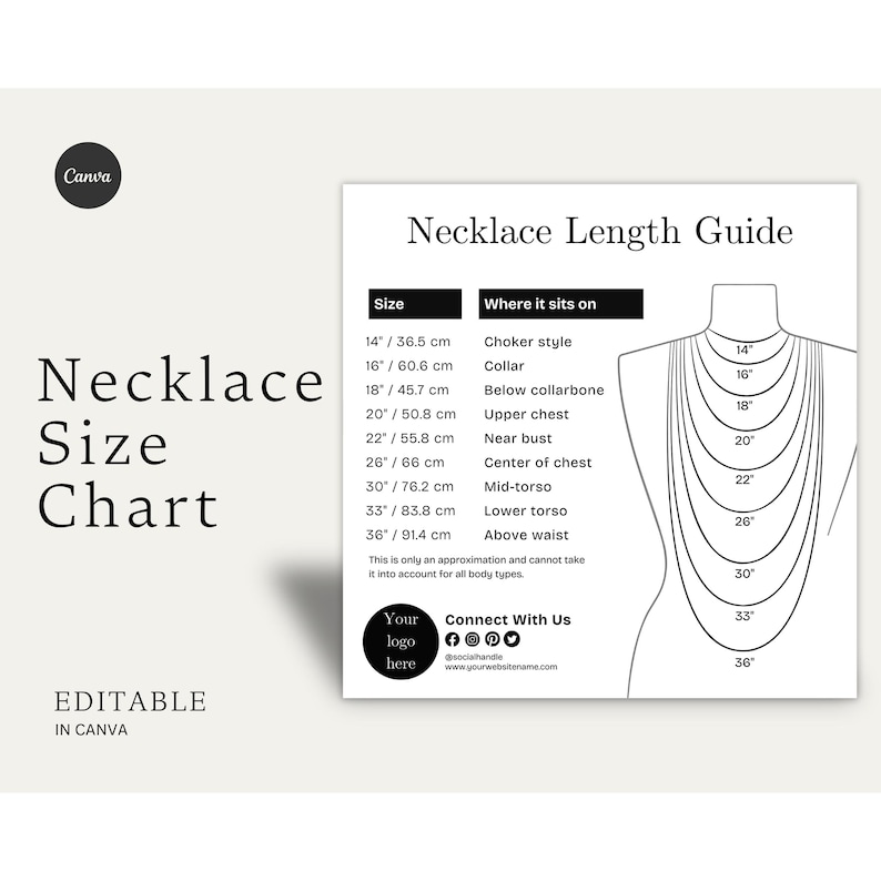 Necklace Length Size Chart Template: Editable Jewelry Guide (canva) - Etsy