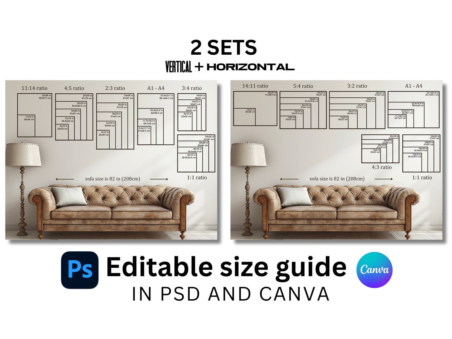 Wall Art Size Guide: Editable Comparison Chart (canva & Photoshop) - Etsy
