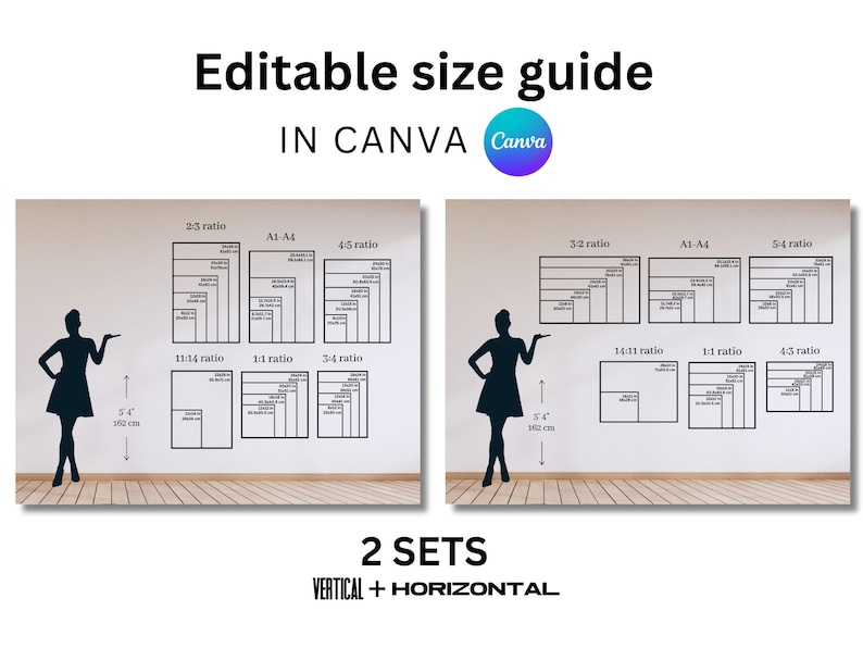 Wall Art Size Guide: Vertical & Horizontal Comparison (editable Canva ...