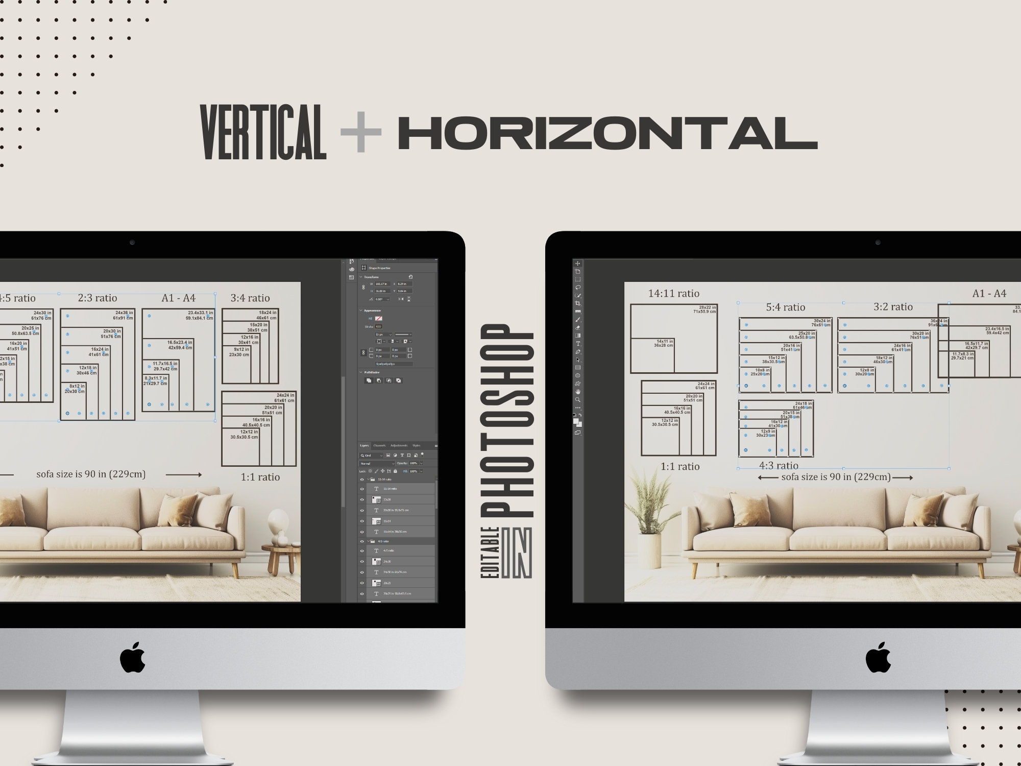 Editable Wall Art Size Guide: Vertical & Horizontal (photoshop, Canva ...