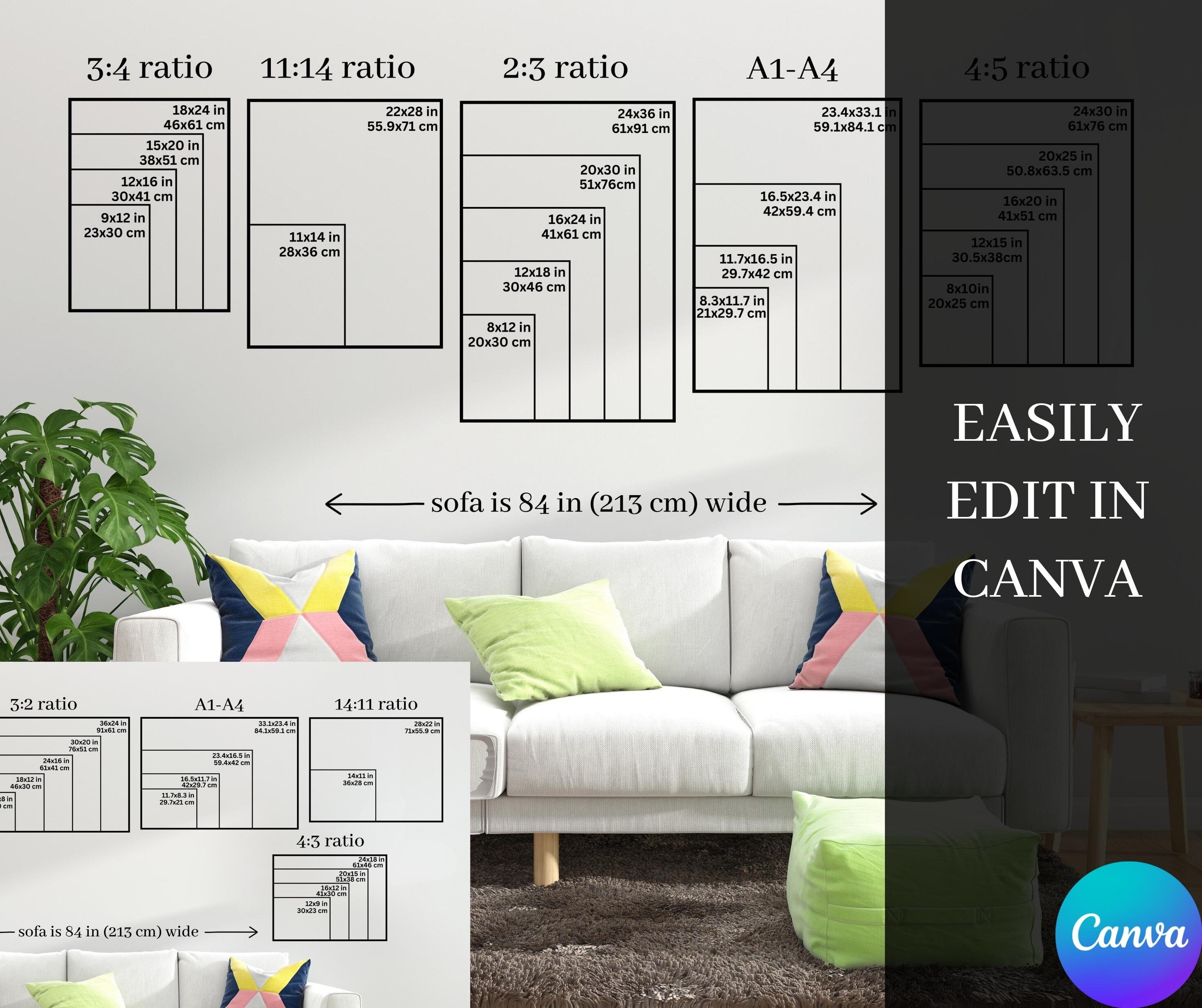 Wall Art Size Guide2 Sets vertical and Horizontal Frame Size - Etsy