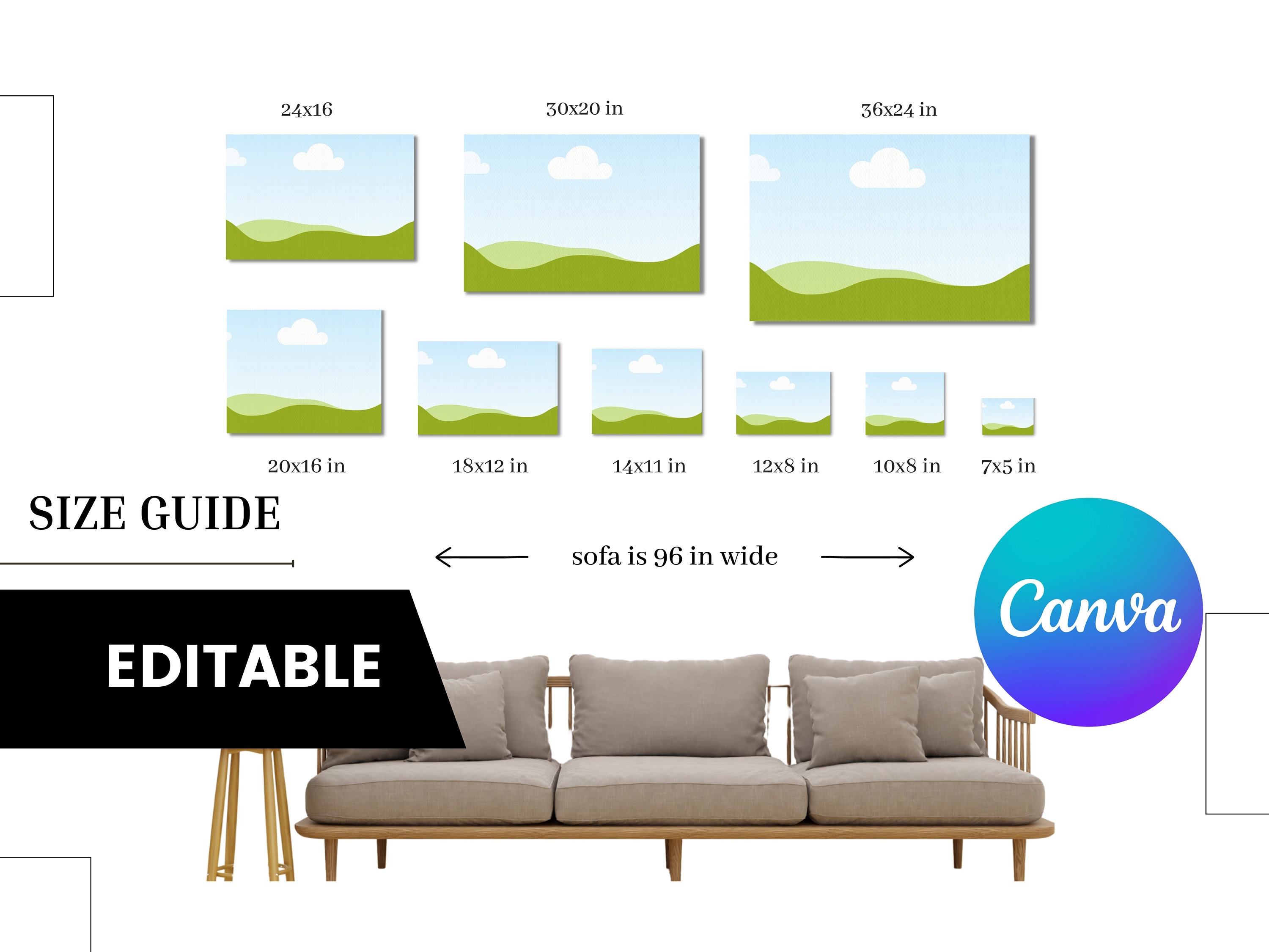 Canvas Size Guide and Smart Mockup: Horizontal Wall Art - Etsy Australia