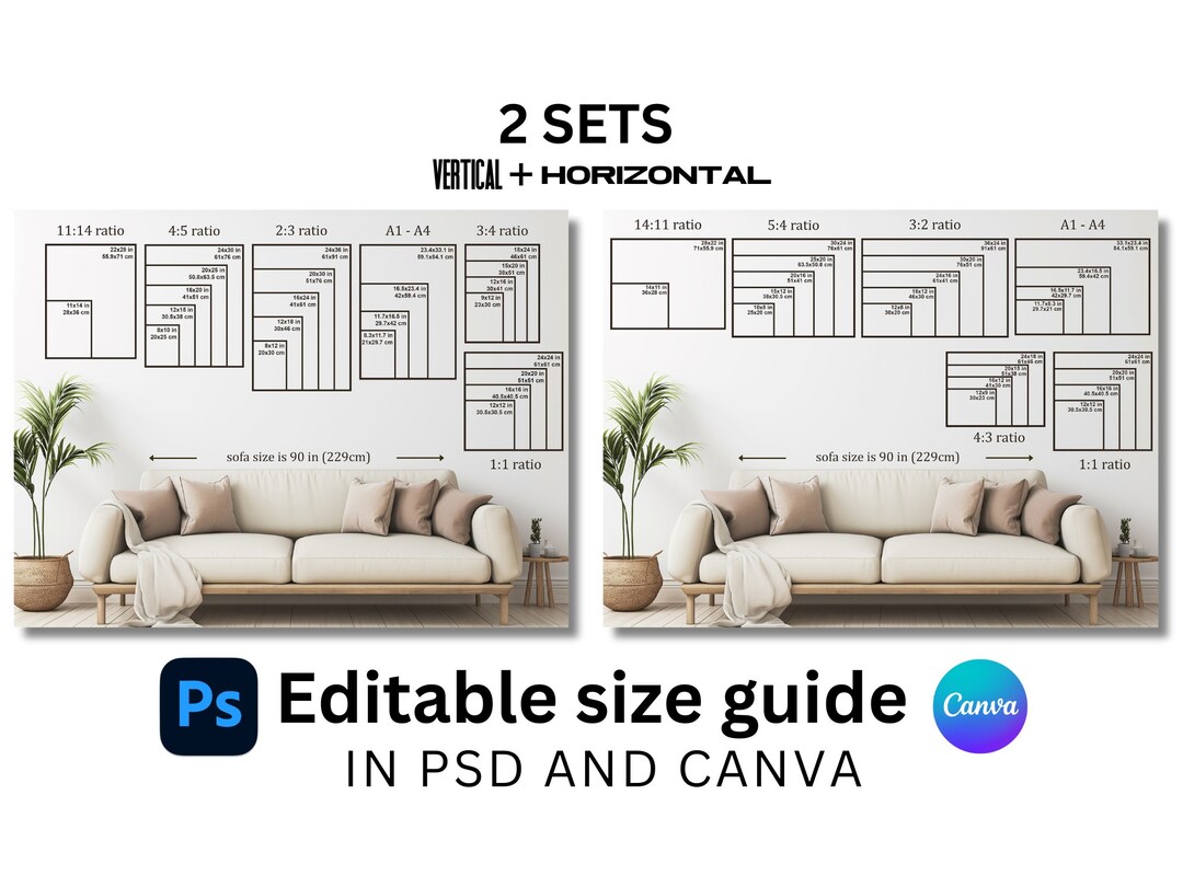 Two Sets Frame Size Guide, Vertical & Horizontal Wall Art Size Guides ...