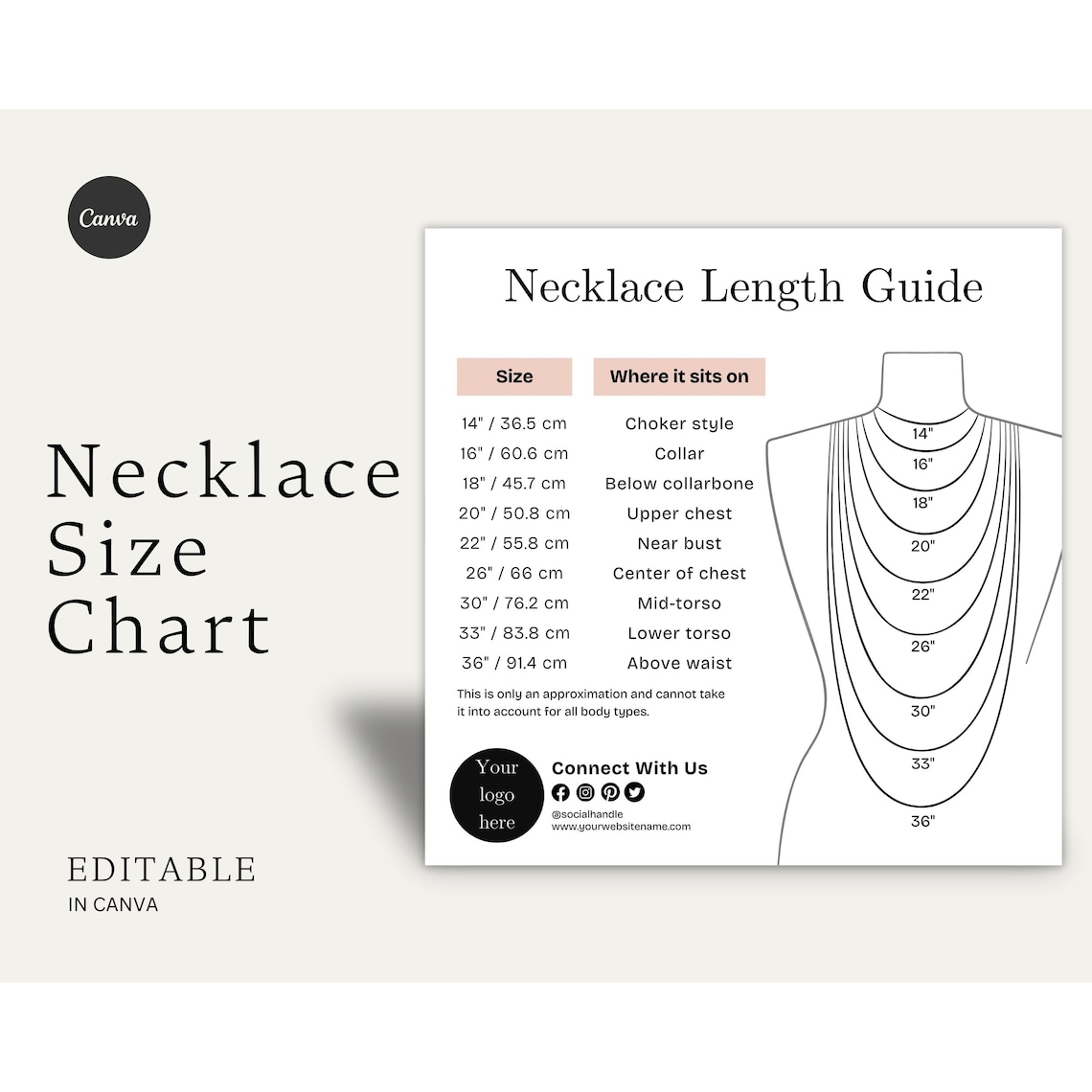 Necklace Size Guide Template: Editable Jewelry Chart (canva Template ...