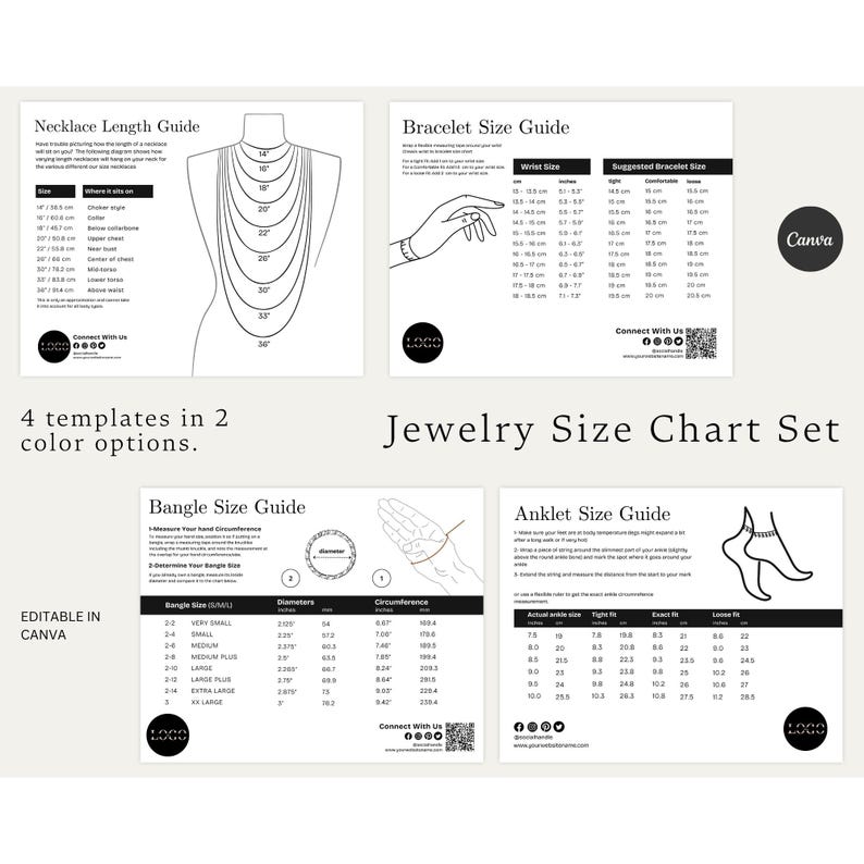 Editable Jewelry Size Chart Template: Necklace, Bracelet, Anklet (canva ...