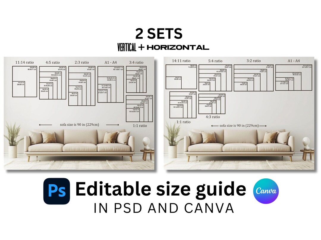 2sets Editable Wallart Size Guide in Photoshop, Frame Size Guide,poster ...