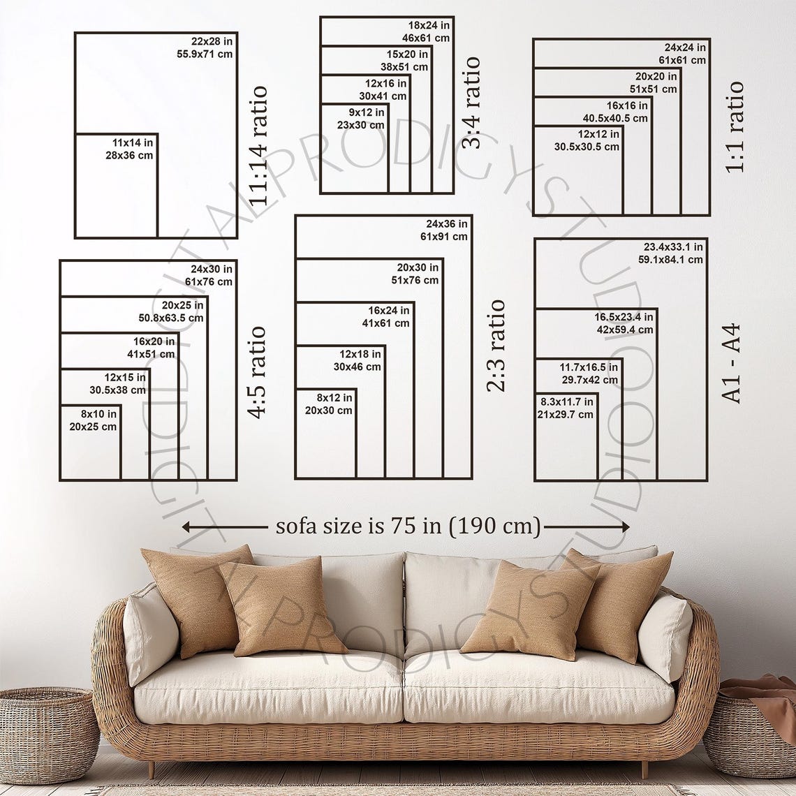 Modèle de tableau des tailles d'art mural : guide modifiable pour ...