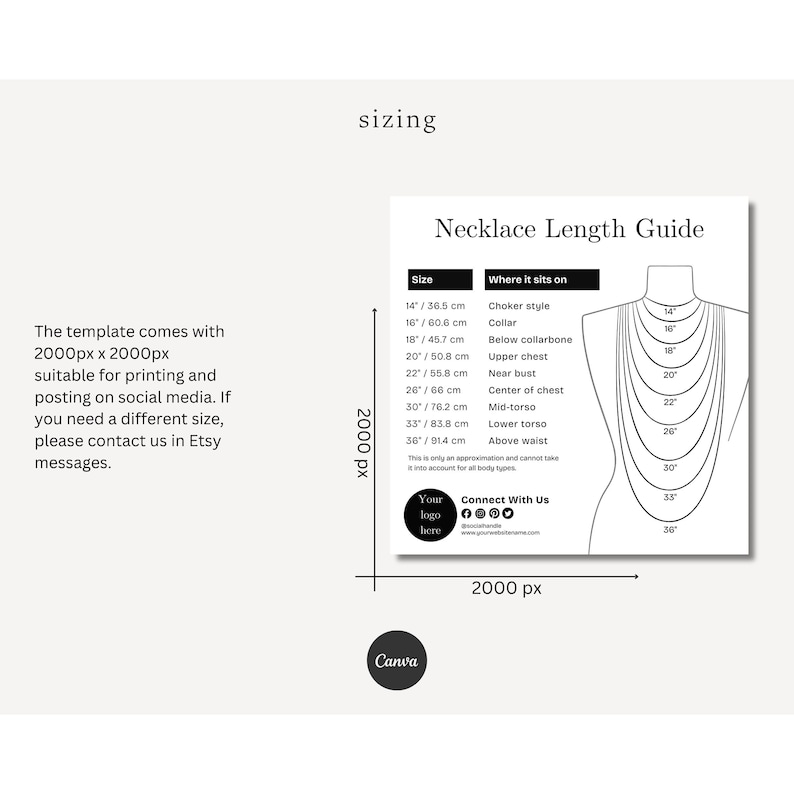 Necklace Length Size Chart Template: Editable Jewelry Guide (canva) - Etsy
