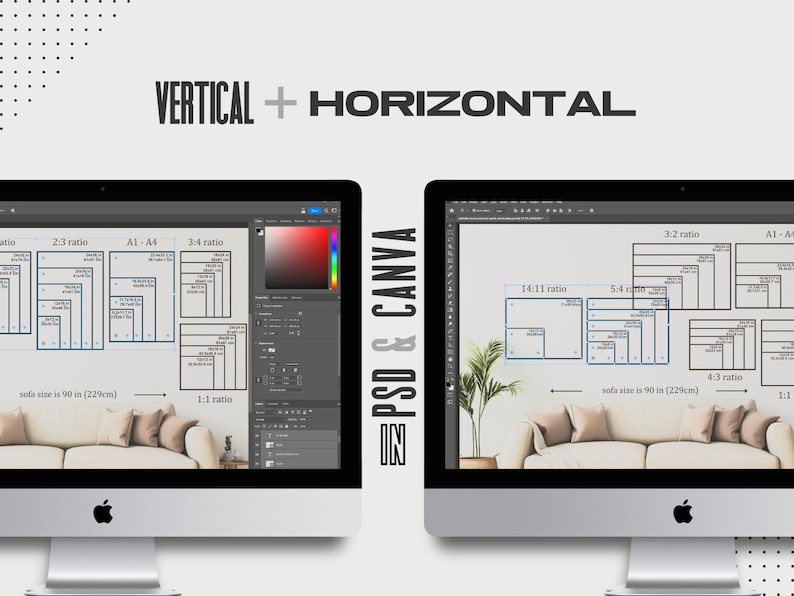 Two Sets Frame Size Guide, Vertical & Horizontal Wall Art Size Guides ...
