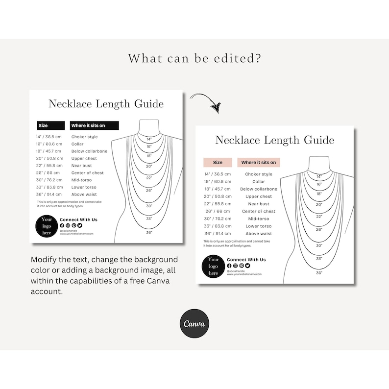 Necklace Length Size Chart Template: Editable Jewelry Guide (canva) - Etsy