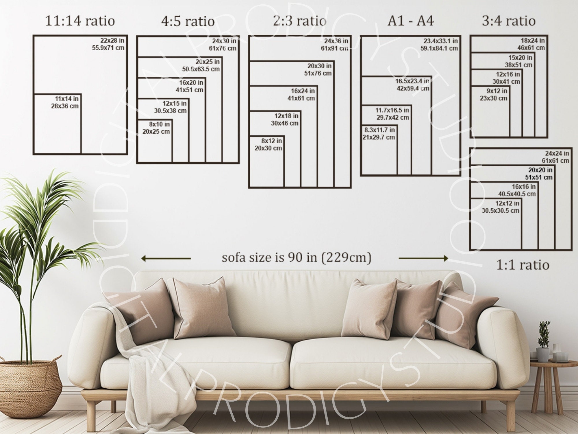 Two Sets Frame Size Guide, Vertical & Horizontal Wall Art Size Guides ...