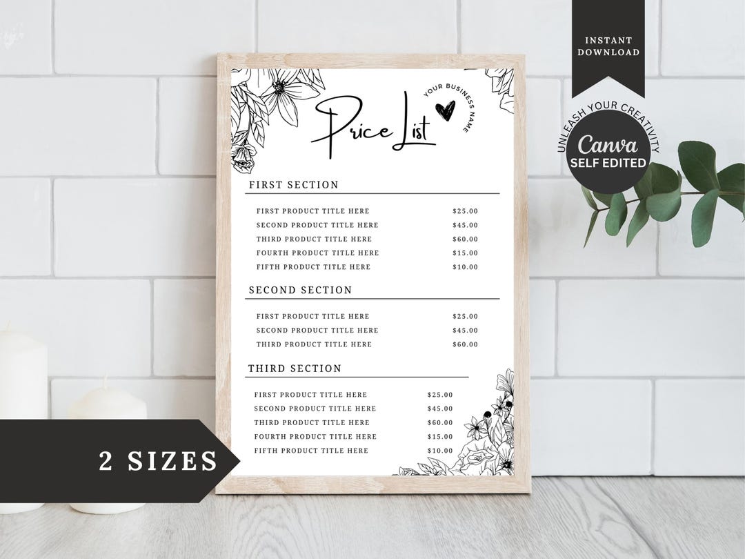 Modelo de lista de preços editável, modelo de menu de serviços, folha ...