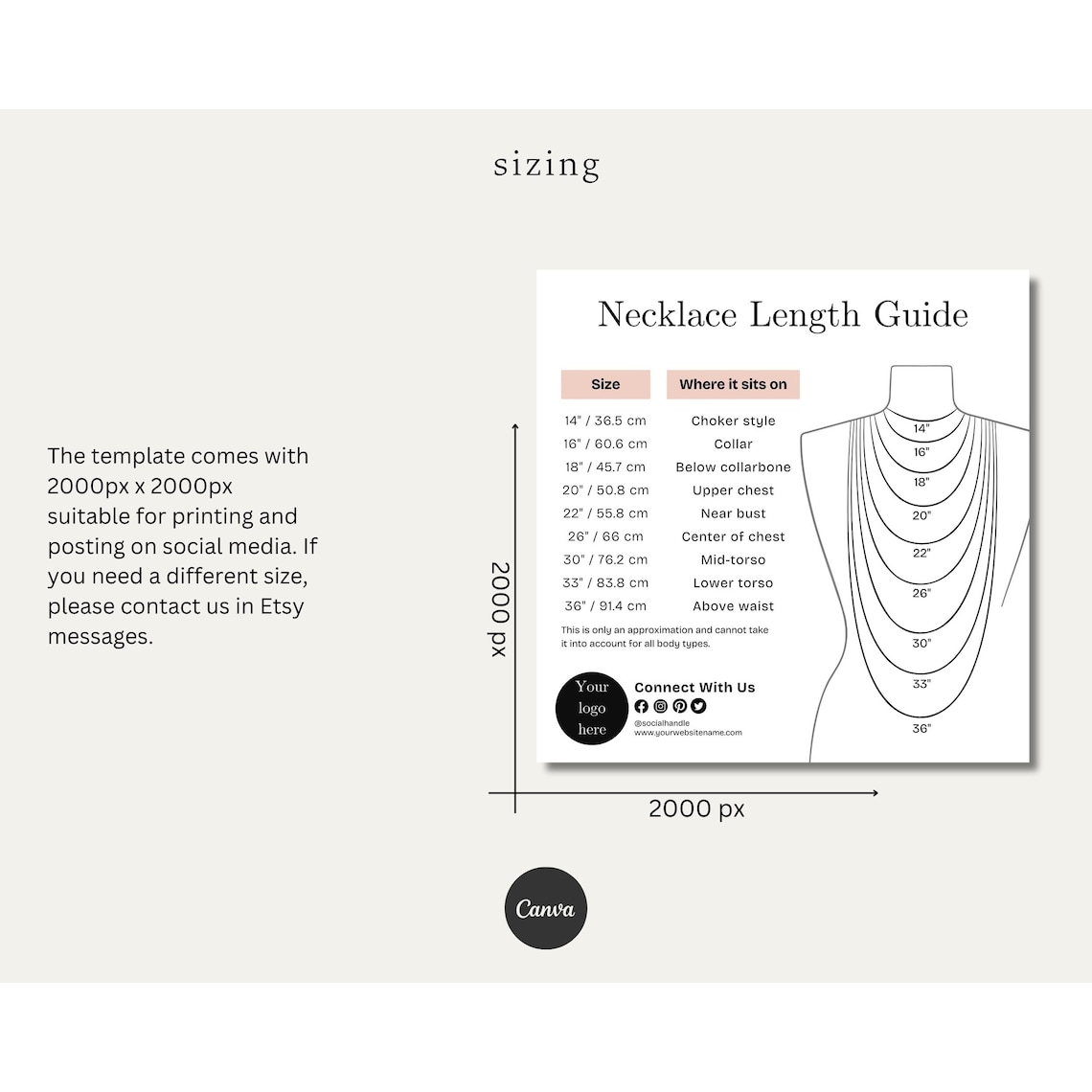 Necklace Size Guide Template: Editable Jewelry Chart (canva Template ...