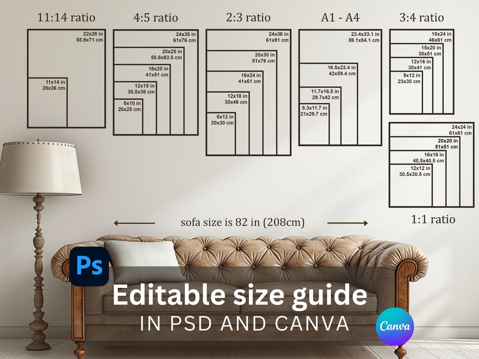 Editable Wall Art Size Chart for Photoshop and Canva - Customizable ...