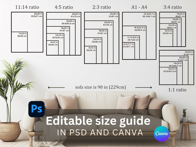 Editable Gallery Wall Art Size Guide: Canva & Photoshop Template - Etsy