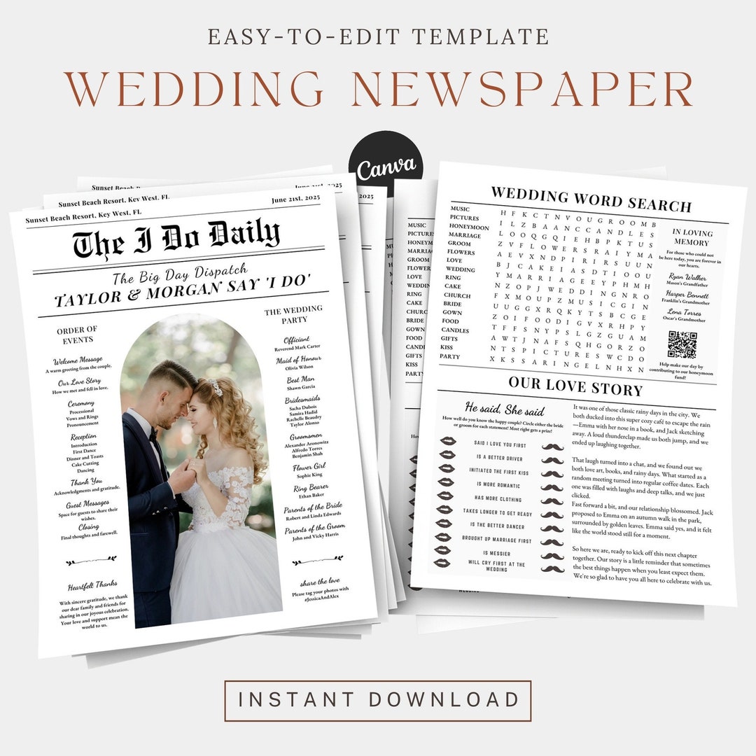 Newspaper Wedding Program, Fully Editable, Printable Wedding Programs ...