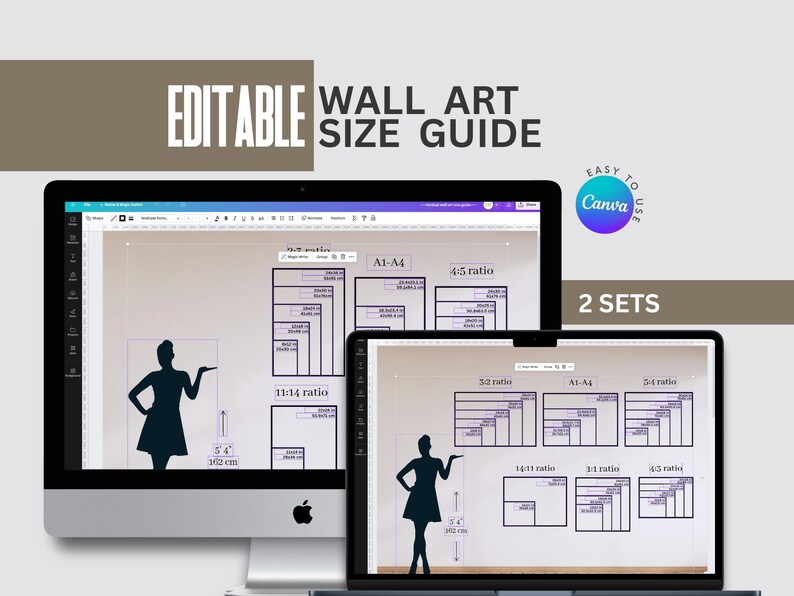 Wall Art Size Guide: Vertical & Horizontal Comparison (editable Canva ...