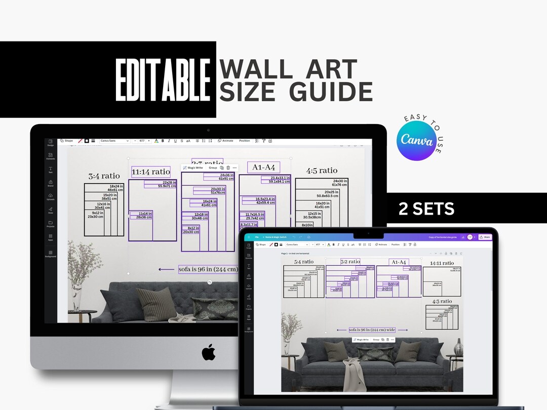 Two Sets Wall Art Size Guide, Poster Size Guide , Wall Art Sizing Chart ...