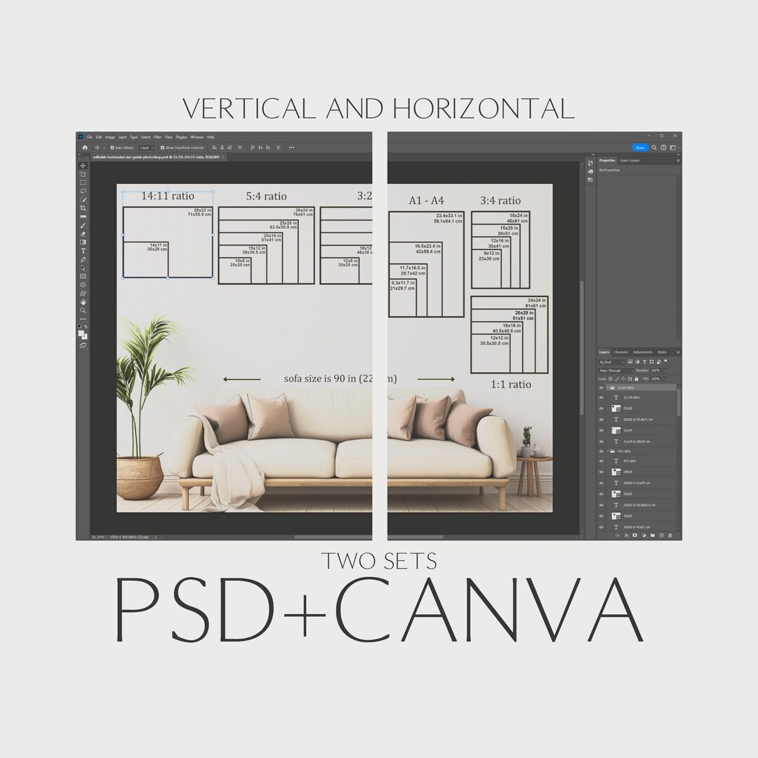 Two Sets Frame Size Guide, Vertical & Horizontal Wall Art Size Guides ...