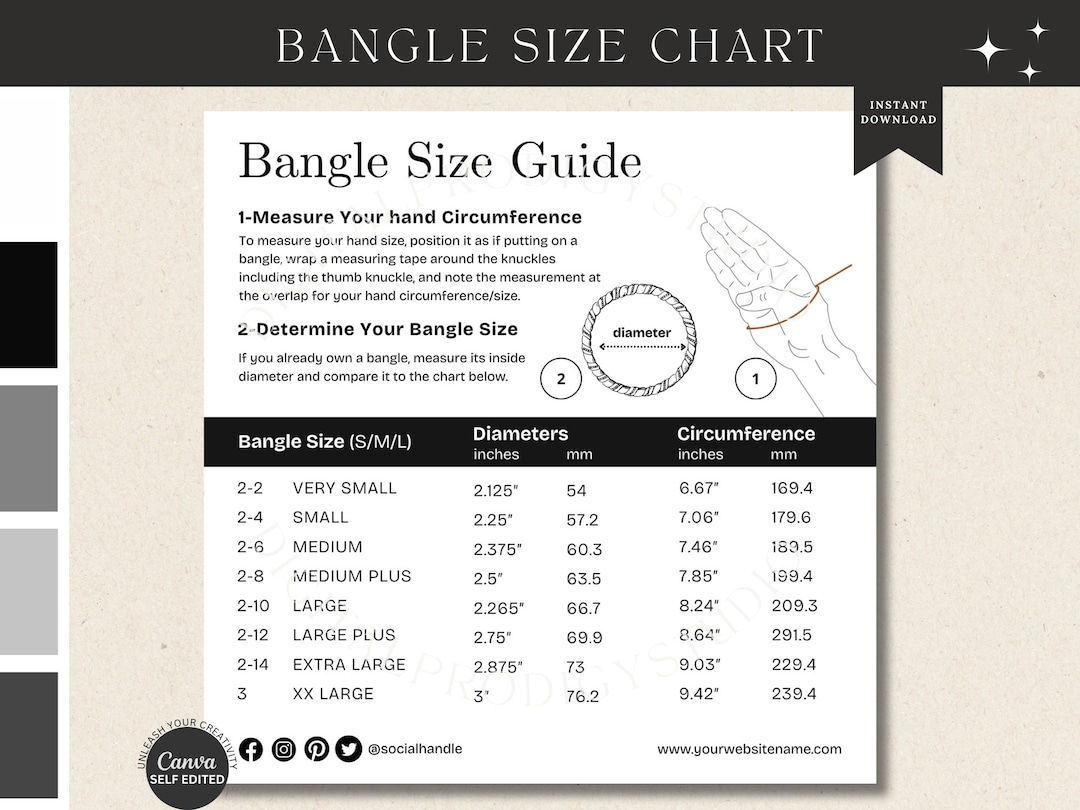 Editable Bangle Size Chart Printable Bangle Size Guide Template for ...