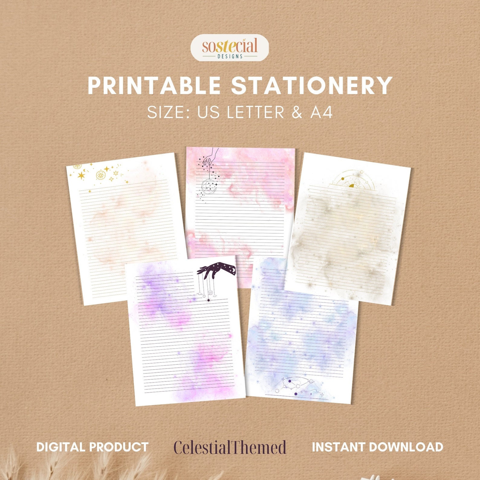 Celestial Themed Galaxy Moon Stars Printable Stationery With 5 Designs ...