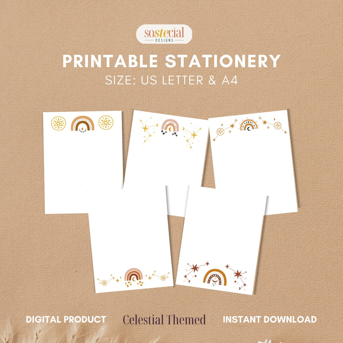 Celestial Galaxy Moon Stars Rainbow Themed Printable Stationery A4 US ...