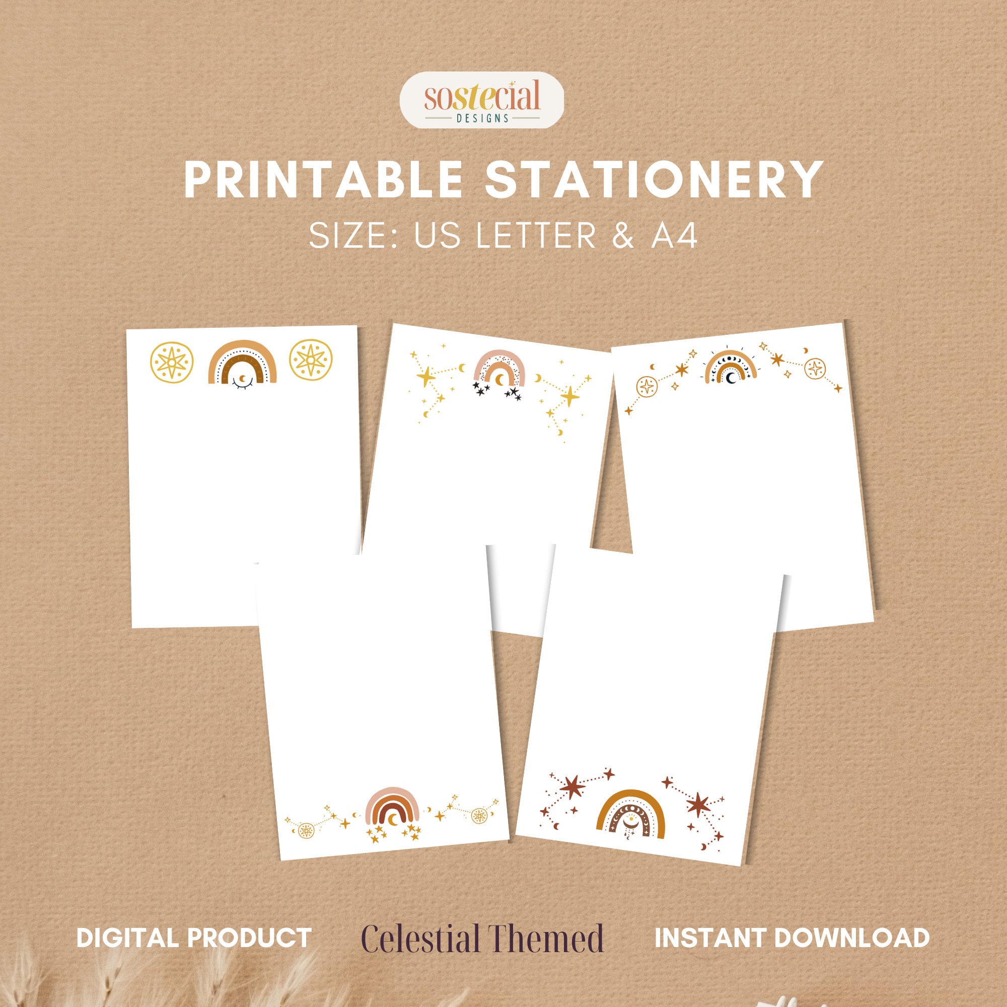 Celestial Galaxy Moon Stars Rainbow Themed Printable Stationery A4 US ...