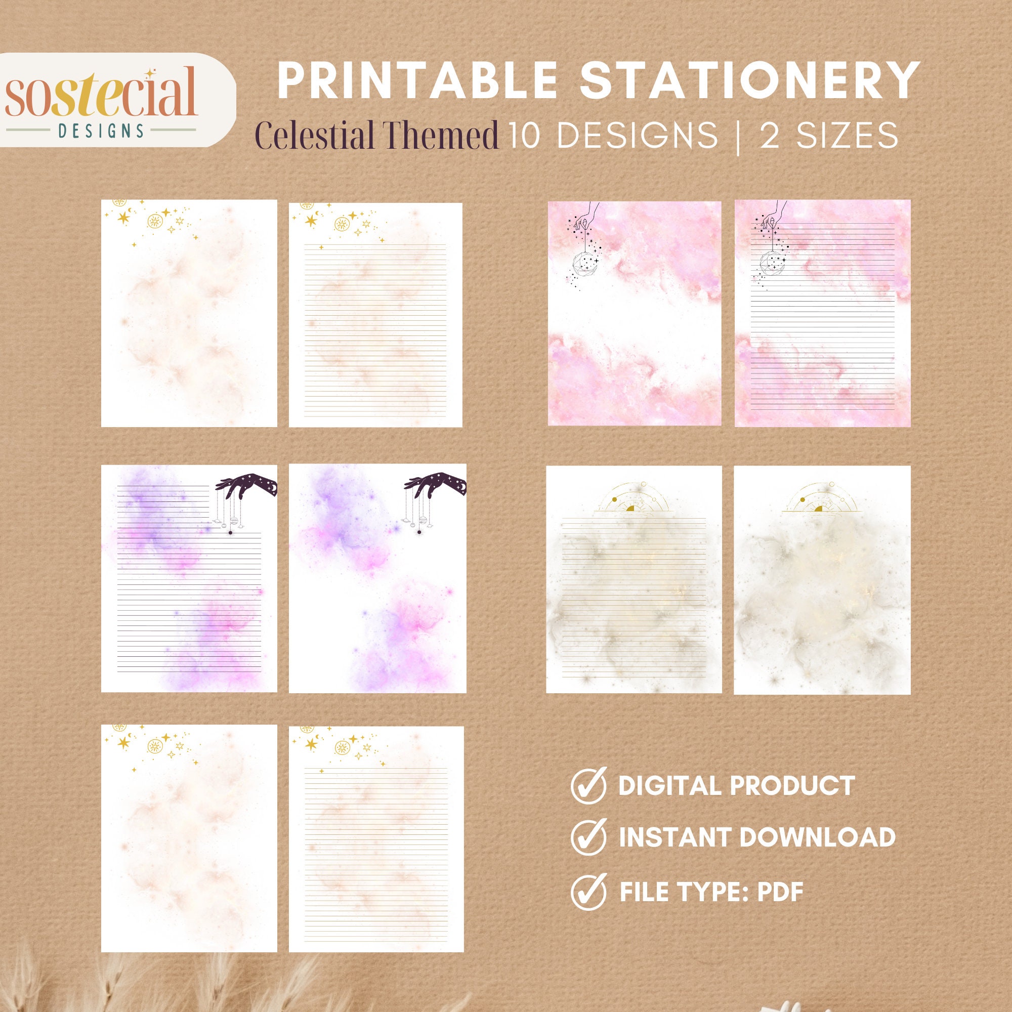 Celestial Themed Galaxy Moon Stars Printable Stationery With 5 Designs ...