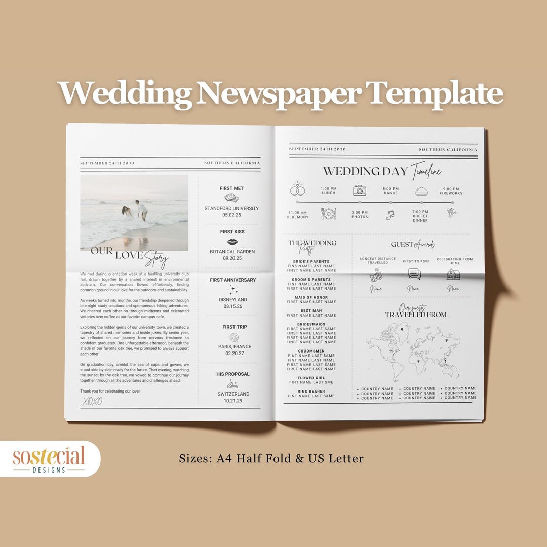 Wedding Newspaper Program Template in 8 Sizes, Minimalist Newlywed ...