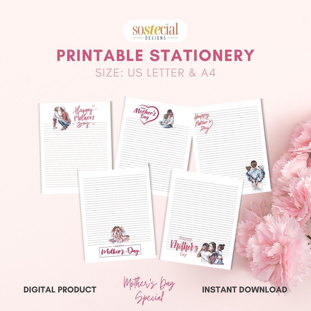 Love Mothers Day Themed Printable Stationery A4 US Letter Lined Unlined ...
