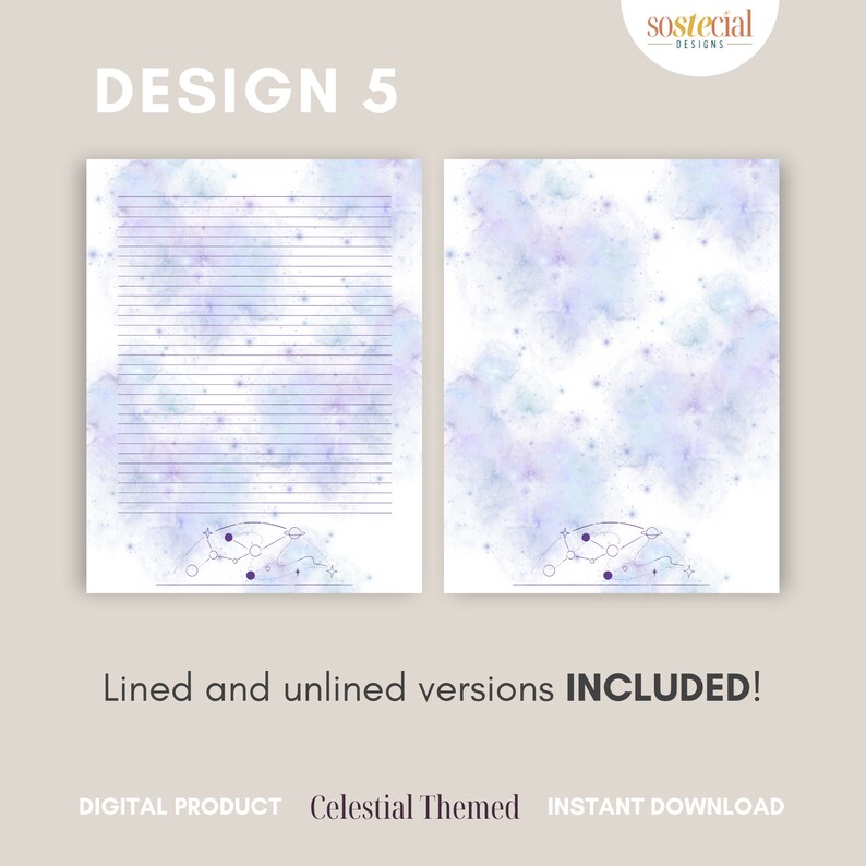 Celestial Themed Galaxy Moon Stars Printable Stationery With 5 Designs ...