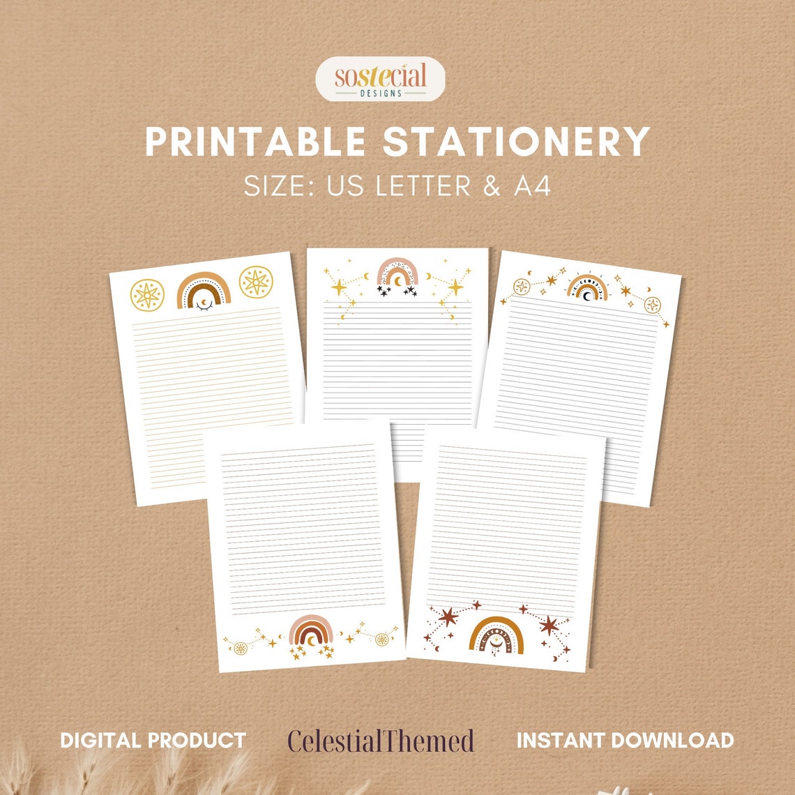 Celestial Galaxy Moon Stars Rainbow Themed Printable Stationery A4 US ...