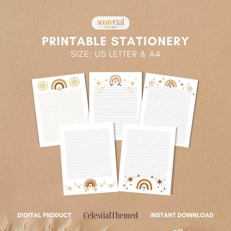 Celestial Galaxy Moon Stars Rainbow Themed Printable Stationery A4 US ...