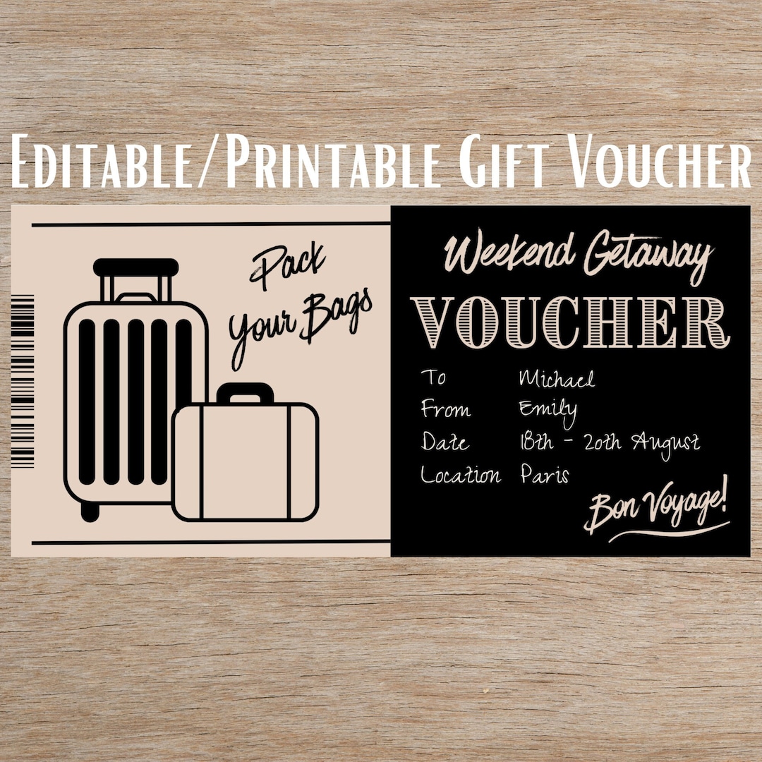 Personalised Weekend Getaway Gift Voucher Coupon, Weekend Away Travel ...