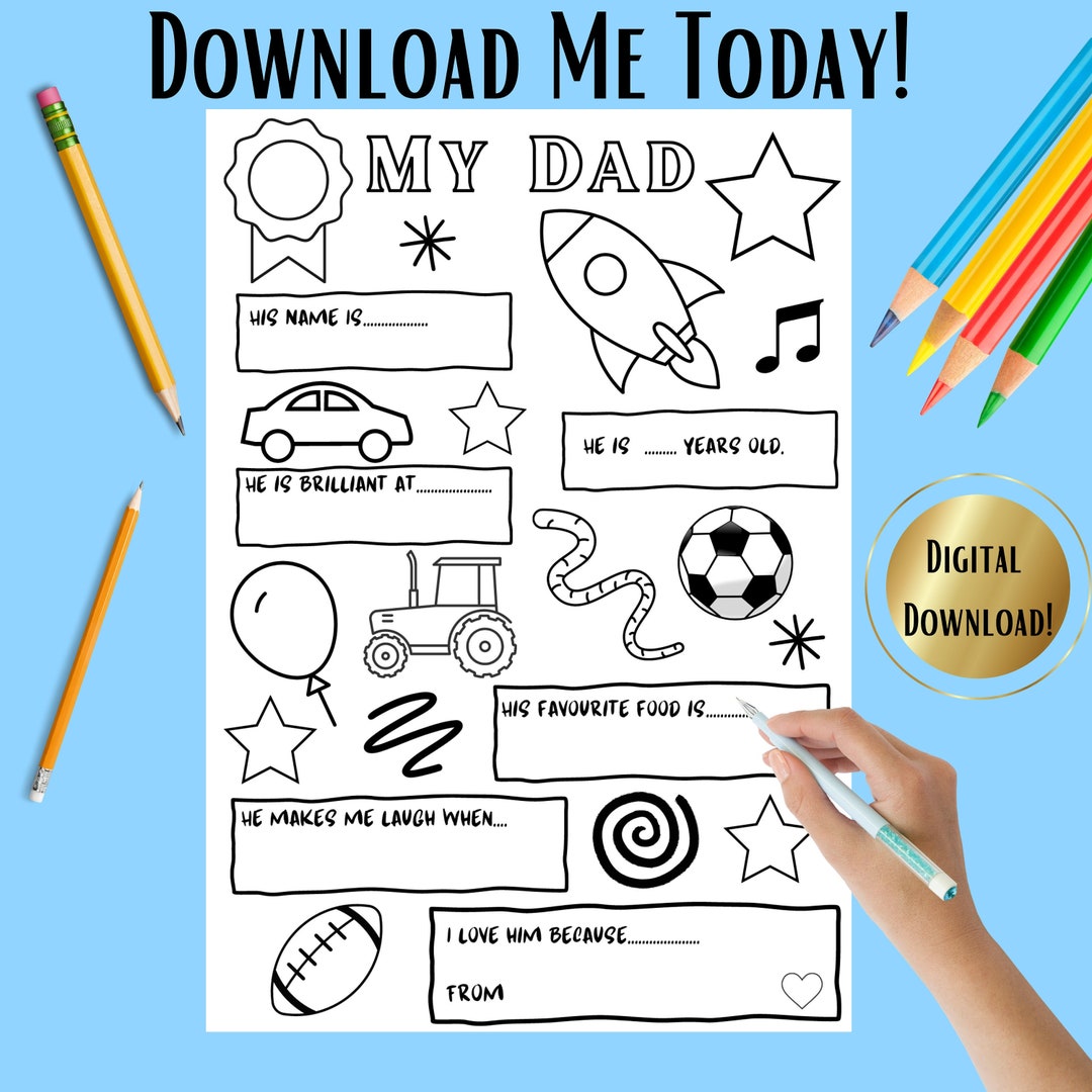 Father's Day Print and Colour Writing Page Kids, All About Dad A4 ...