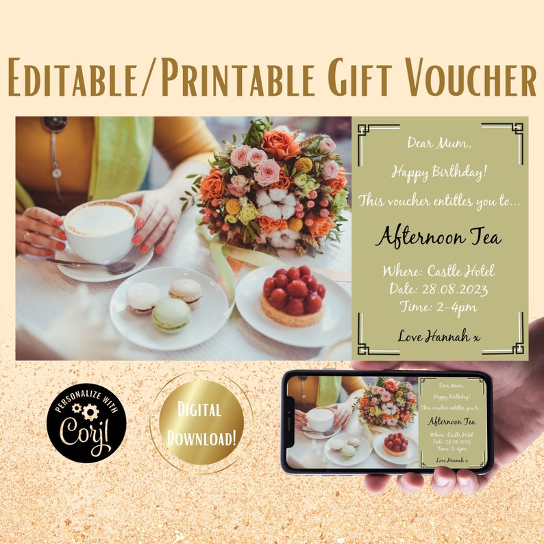 Personalised Afternoon Tea Gift Voucher Ticket, Instant Digital ...