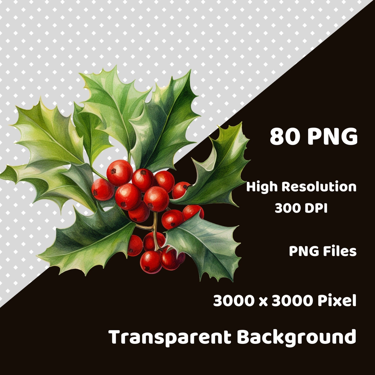 80 Christmas Holly Clipart Watercolor Holly Clipart Bundle Holly Png ...