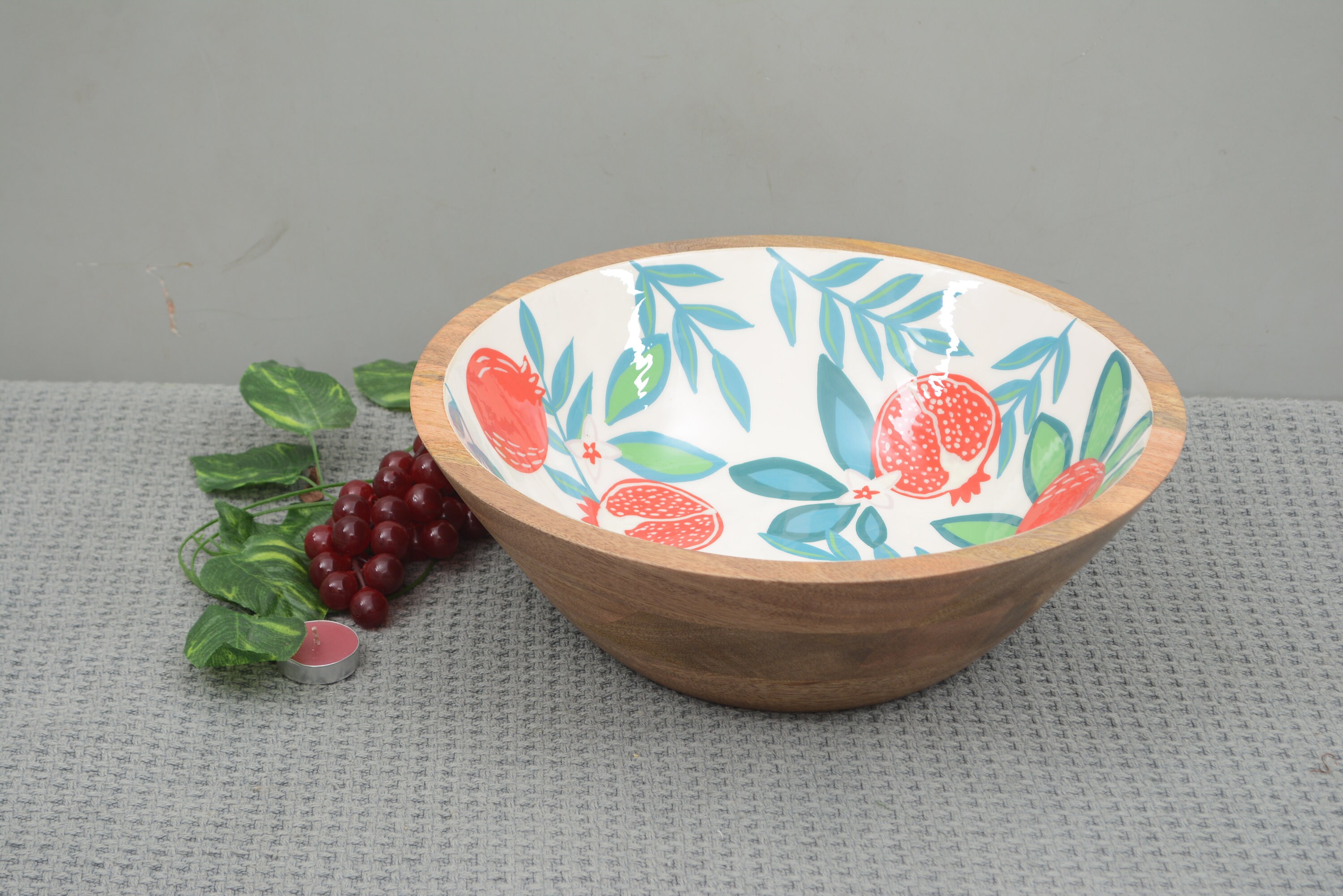 Foresthaven Handmade Large Wooden Enamel Print Serving Bowl for Fruits ...