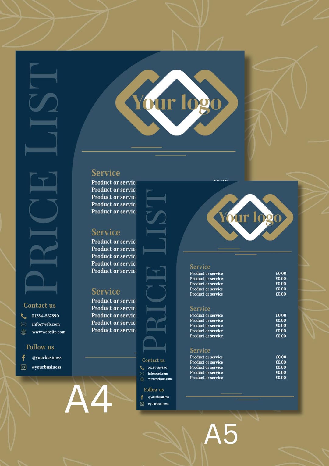 Template Price List Canva Editable Work Shop Navy Blue Gold Custom ...