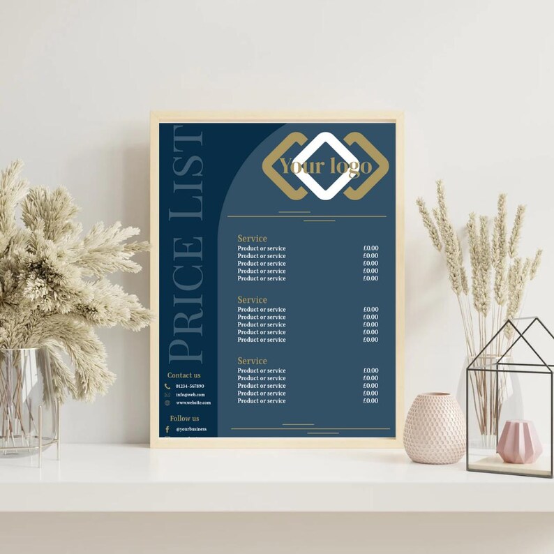 Template Price List Canva Editable Work Shop Navy Blue Gold Custom ...