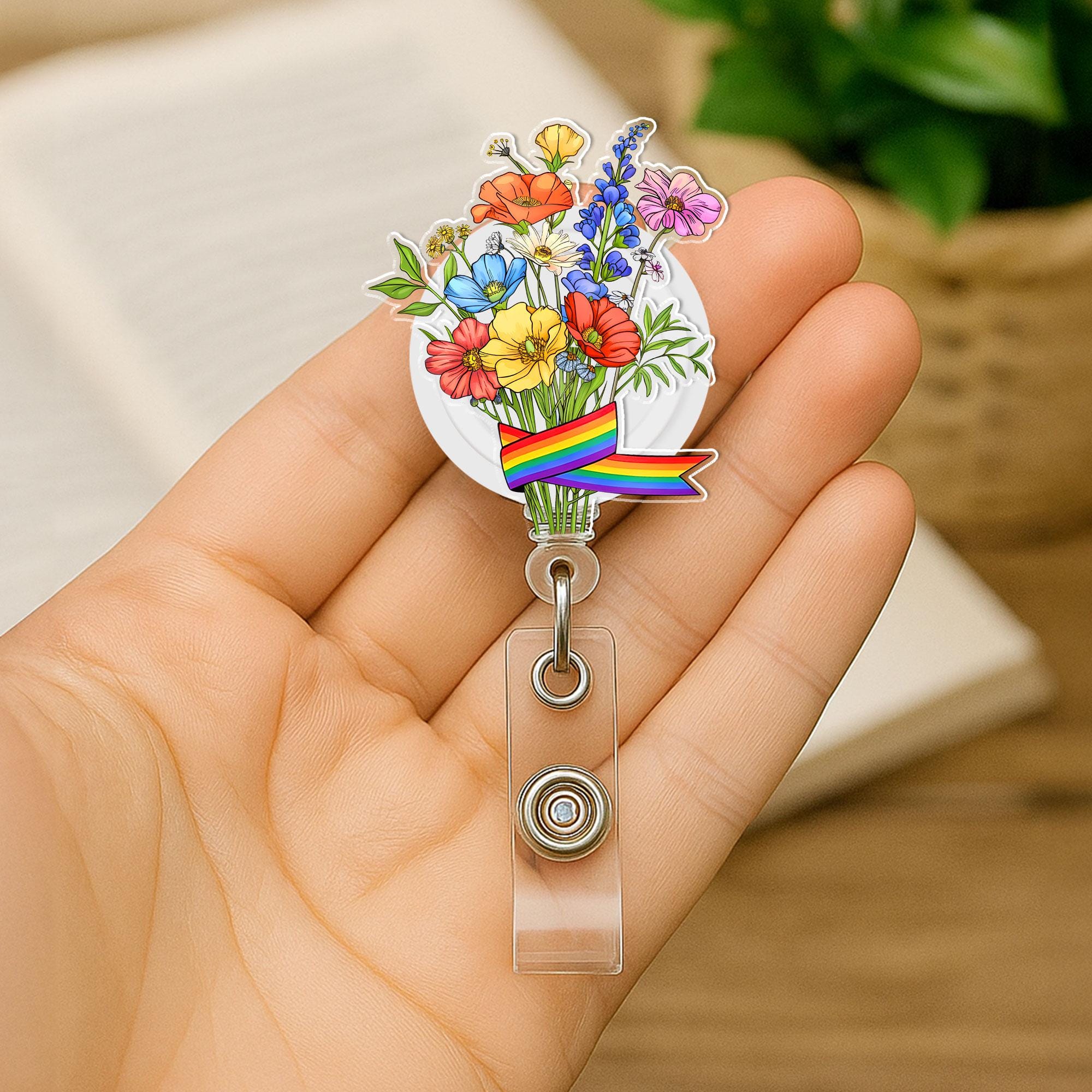 Rainbow Badge Reel, Pride Flower ID Holder, LGBTQ Nurse Clip, Colorful ...