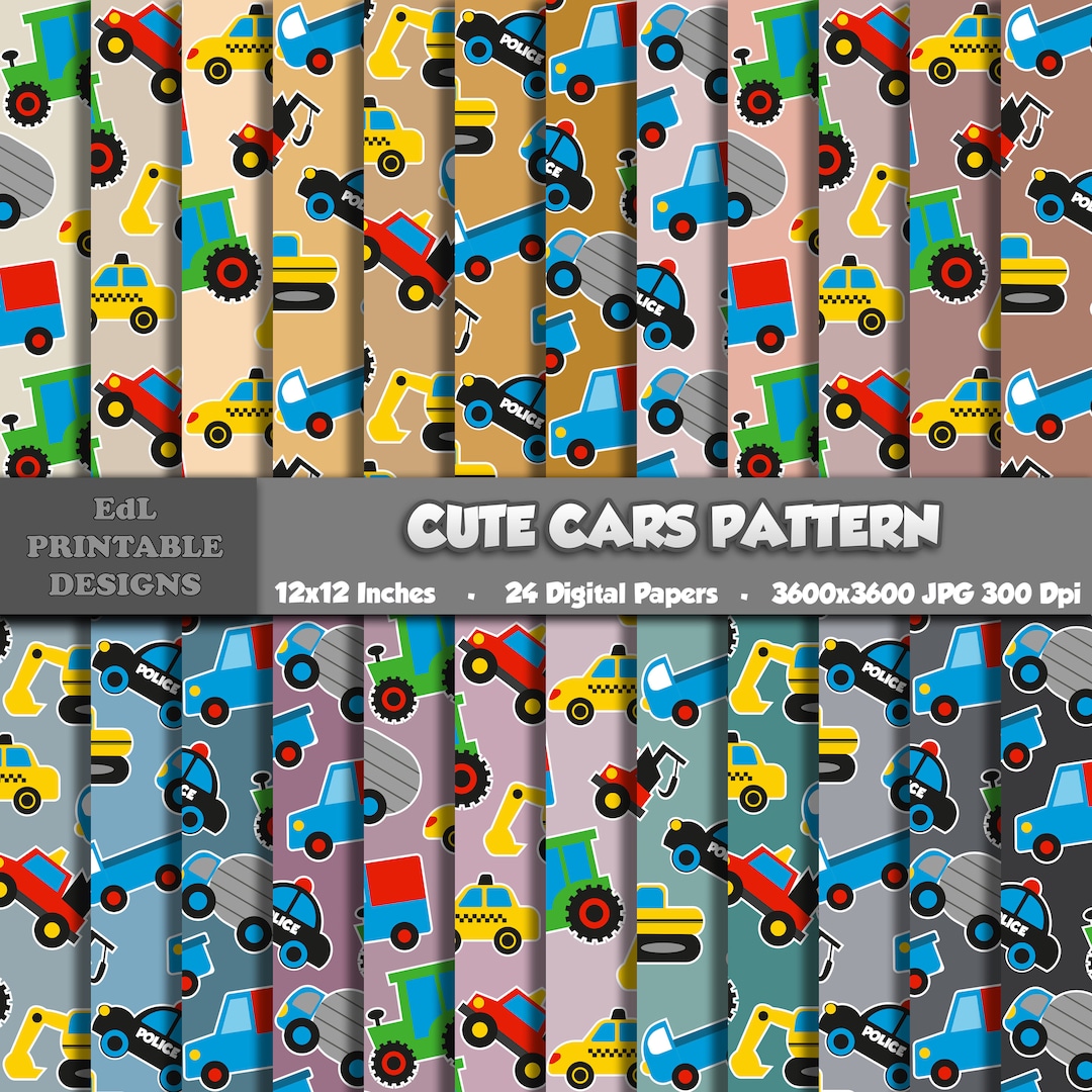 Cute Cars Pattern Digital Paper Pack, Vehicles Printable Background ...