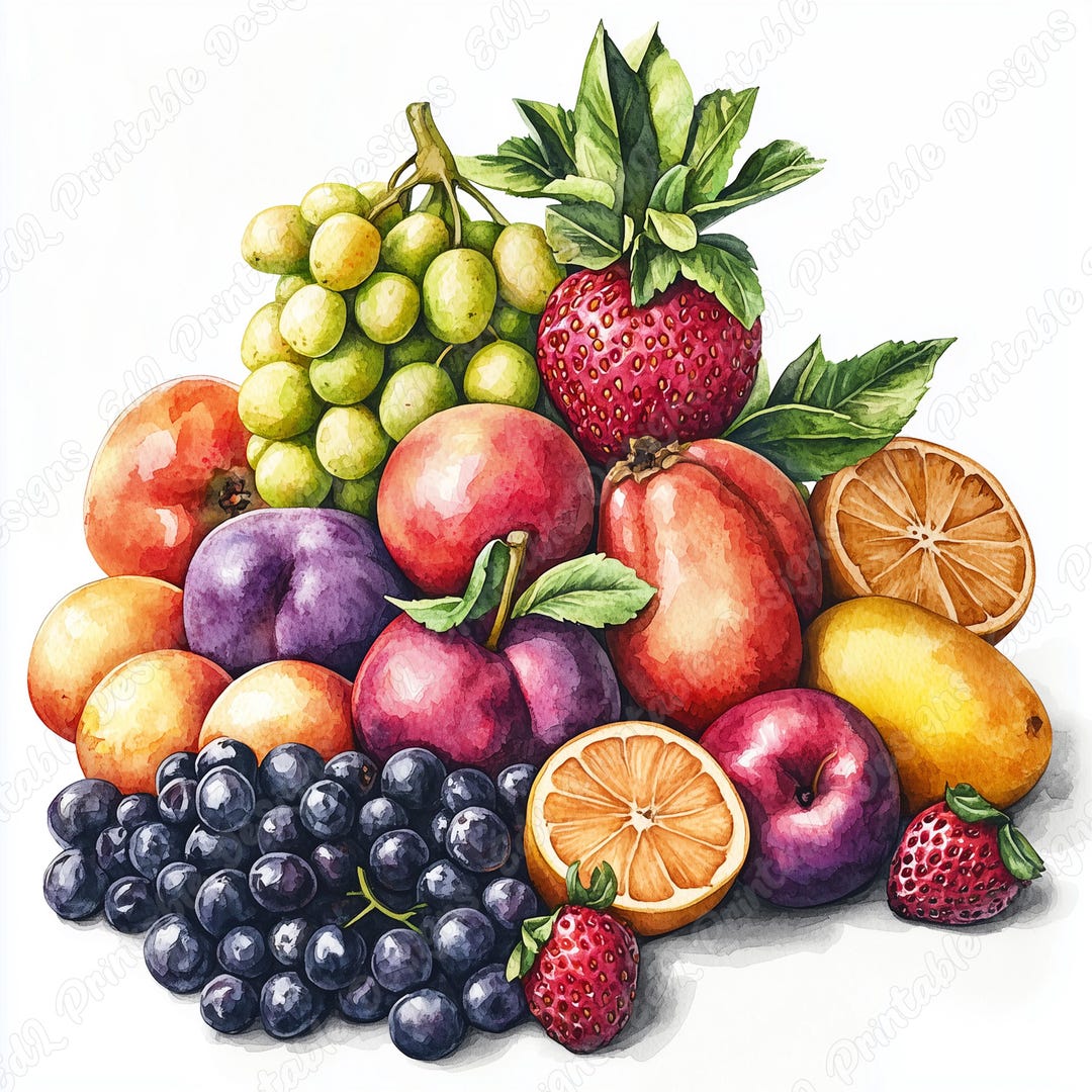 Watercolor Pile of Fruits Clipart, Printable Digital Summer Fruit Image ...