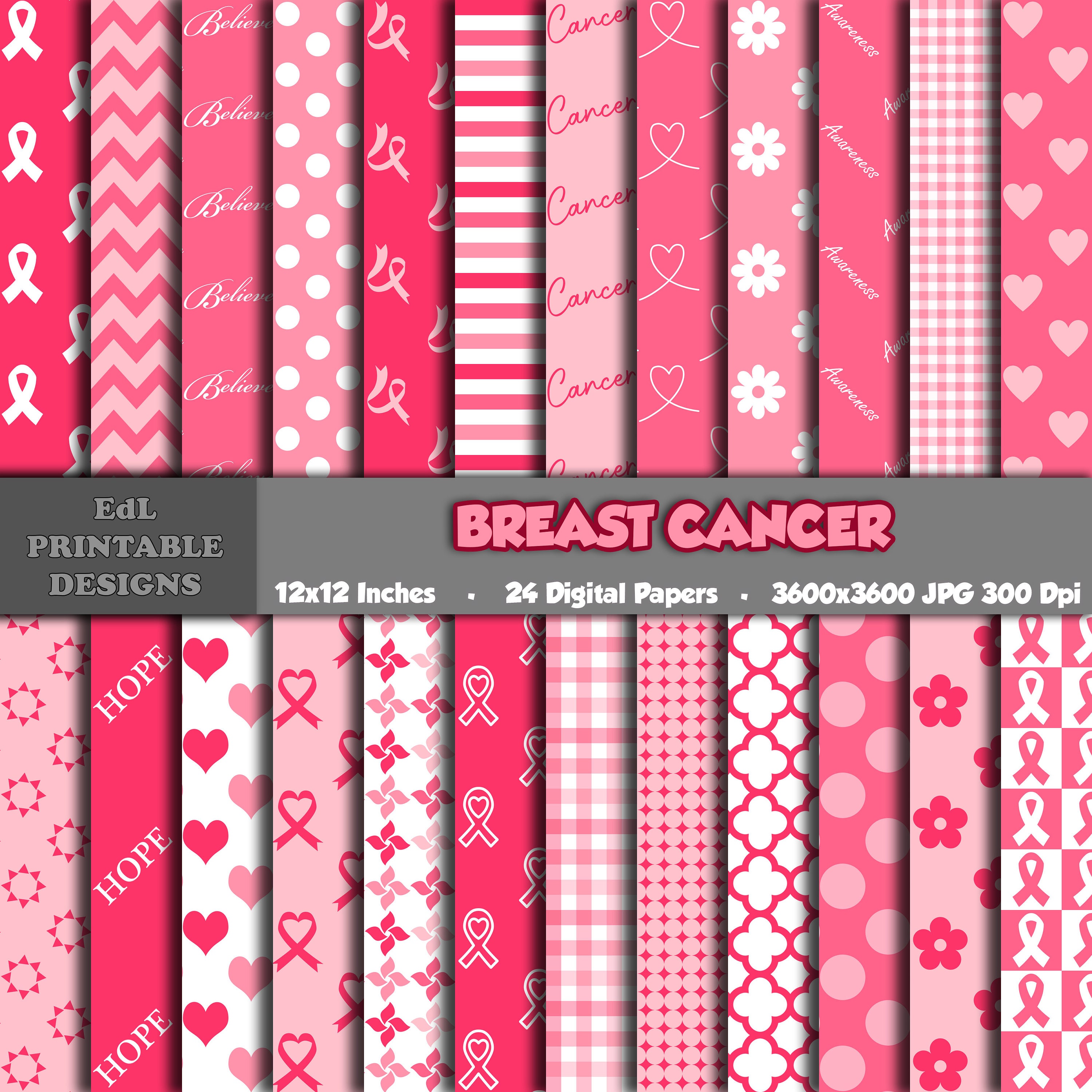 Breast Cancer Digital Paper, Pink Color Ribbons Printable Background ...