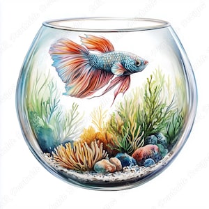 20 Watercolor Fish Bowl Clip Art, Cute Aquarium Printable Image, Fish ...